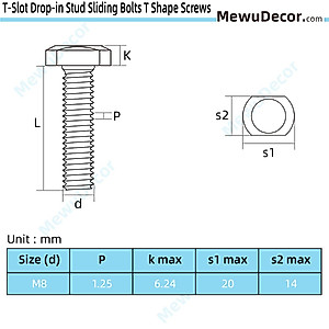 M8 x 25mm T-Slot Drop-in Stud Sliding Bolts T Shape Screws, 304 Stainless Steel 18-8, Plain Finish, Fully Threaded, 10 PCS