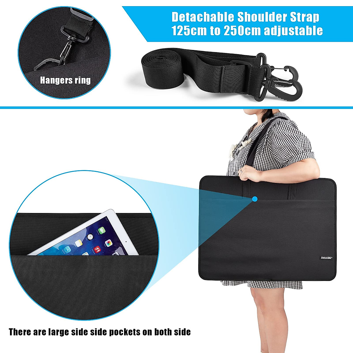 Art Portfolio Bag, IMAGE 23.6 in *17.7 in *3.14 in Black Art Carrying Storage Case, Waterproof Drawing board Bag with Shoulder Strap and Hidden Buckle for Artwork, Sketching and Drawing