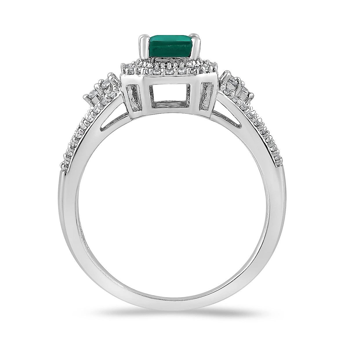 Jewelili Sterling Silver 7x5MM Octagon Created Emerald and Round Created White Sapphire Halo Ring, Size 7