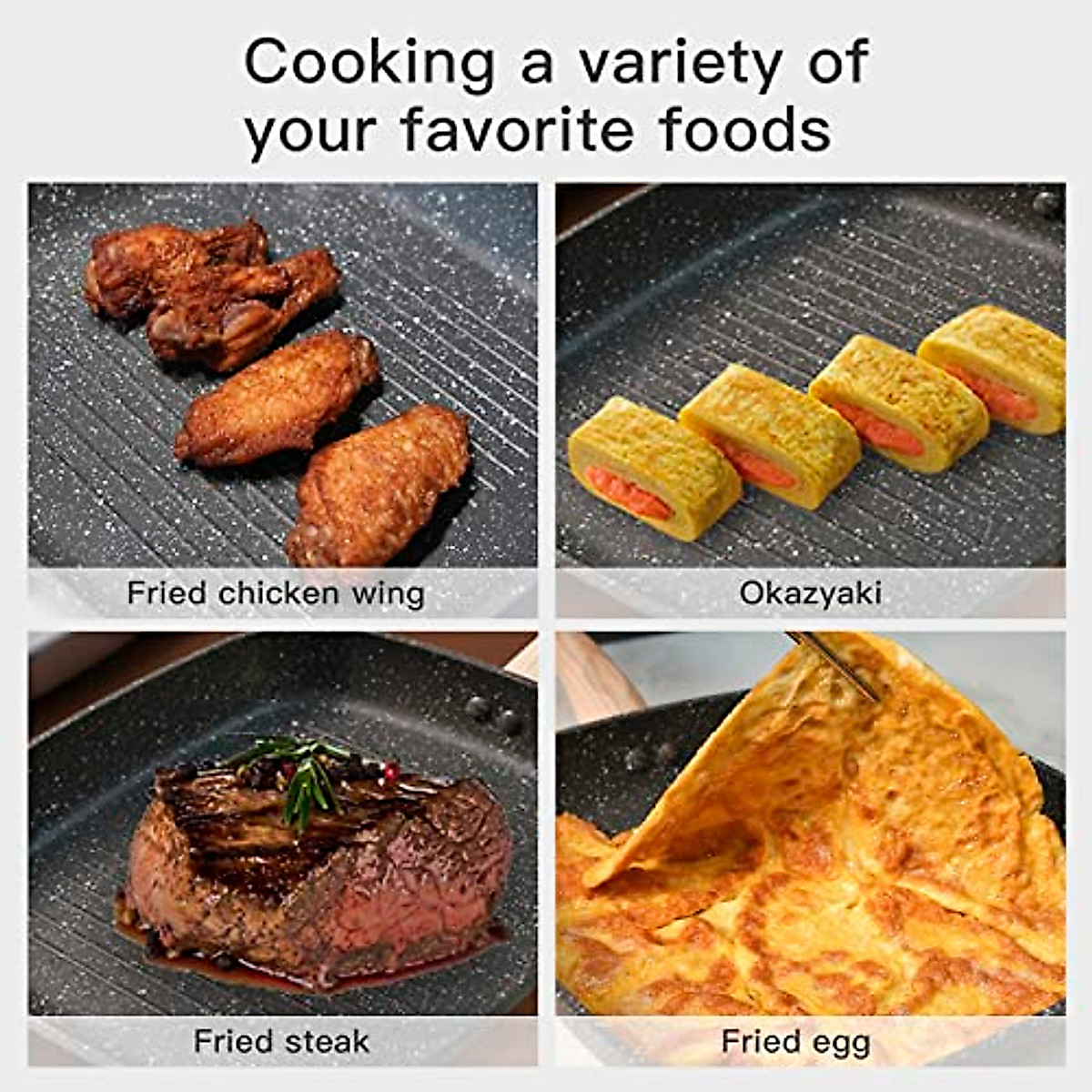 RUNHU Frying Pan, Granite Nonstick Omelet Pan, Durable Egg Pan, PFOA Free, Square Skillet Suitable for Gas Stove & Induction Cookware, 9 x 9.4 inch