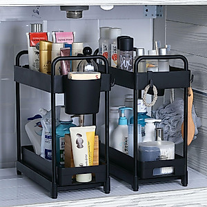 Botion 2 Pack Double-Layer Under Sink Organizer for Efficiently Utilizing Space, High Capacity and Space Saving, 2 Tier Sliding Under Sink Shelf with 4 Hooks and a Cup Slot(Black)