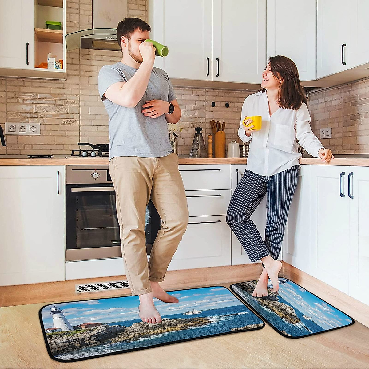 xigua 2 Pieces Cape Elizabeth Lighthouse Kitchen Rugs and Mats Set Absorbent Soft Microfiber Bath Mat Non-Slip Doormat Laundry Runner Set, 19.7"x47.2"+19.7"x27.6"