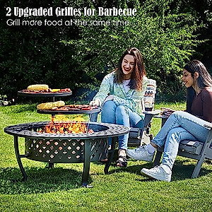 PAPABABE 42 Inch Outdoor Fire Pit with 2 Grill, Wood Burning Firepit for Outside with Lid/Fire Poker, Extra Large Heavy Duty Metal Round Table for Patio Backyard Garden Camping Bonfire