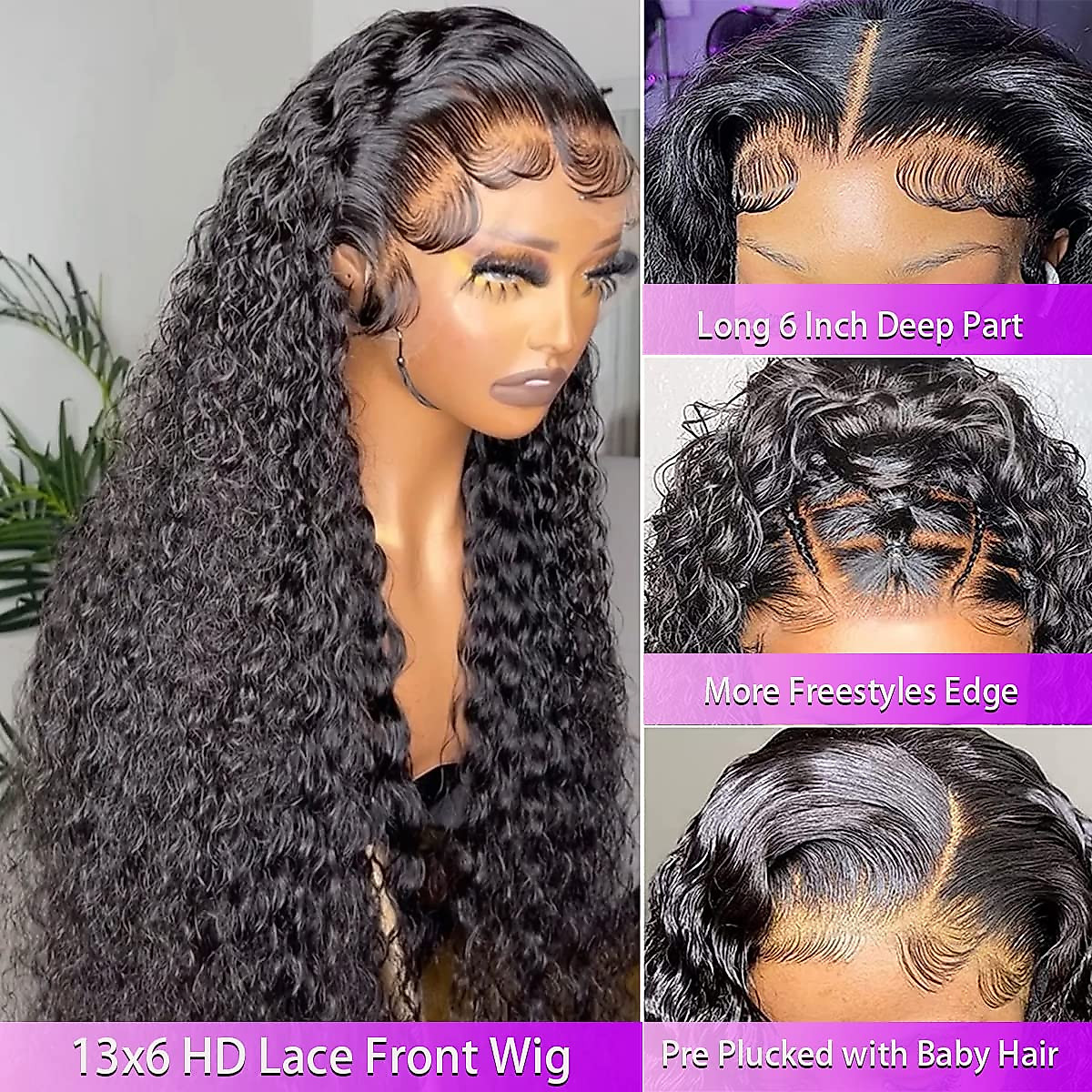 UPIGUILK 13x6 Deep Wave Lace Front Wigs Human Hair Pre Plucked HD Frontal for Black Women Curly Wig 180% Glueless with Baby Wet and Wavy 18 Inch
