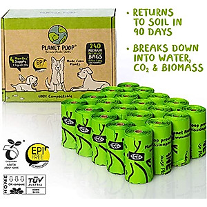 PLANET POOP Home Compostable Dog Poop Bags Extra-long with Handles 240 Un-Scented Pet Waste Bags Plastic Free, Thick Leakproof Plant-Based Doggy Bag, Cats & Dogs Pet Supplies