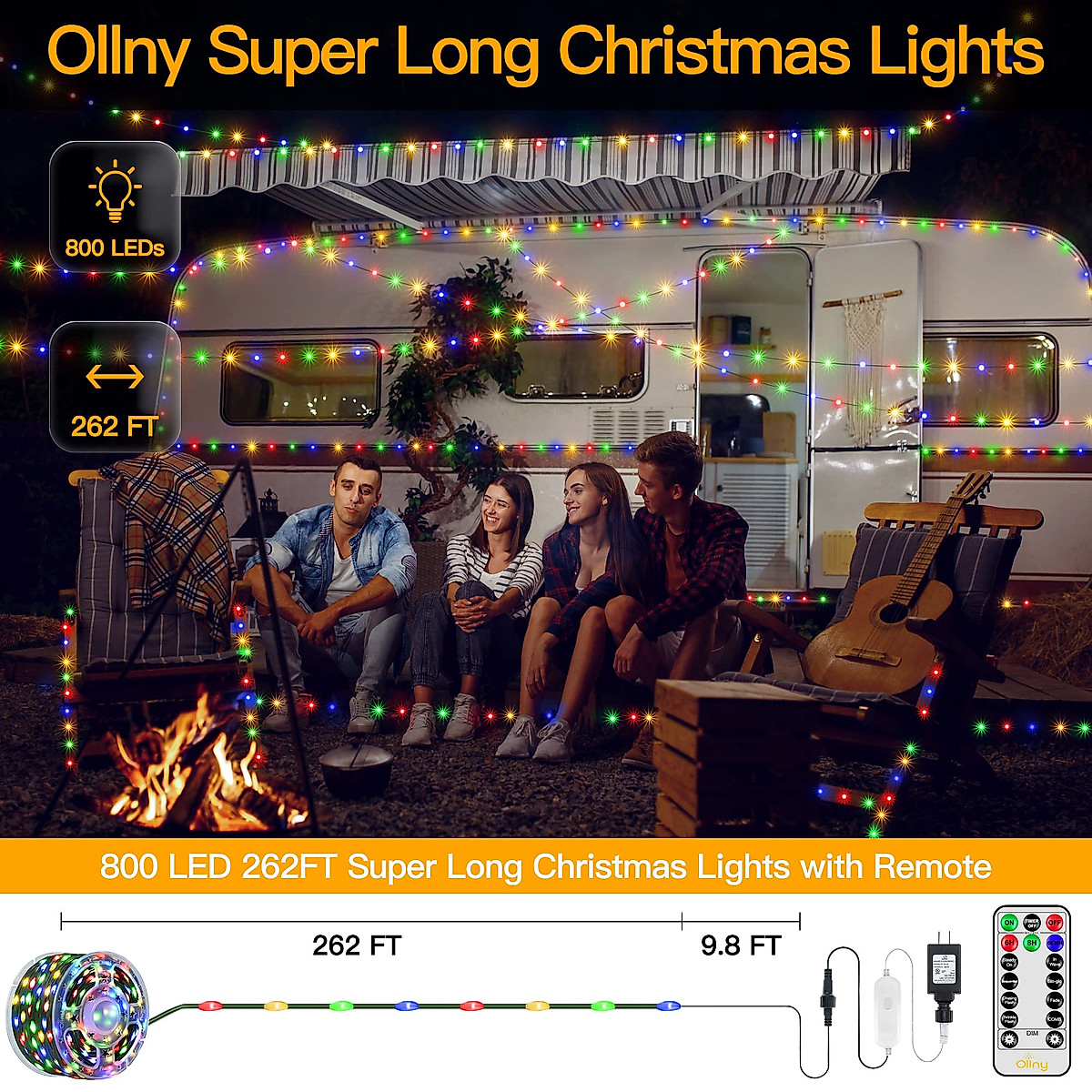 Ollny Christmas Lights 800LED 262FT Plug in, IP67 Waterproof Green Wire Outdoor Christmas Lights with Remote, 8 Modes with Timer Christmas Tree Lights for House Indoor Xmas Decorations (Multicolored)