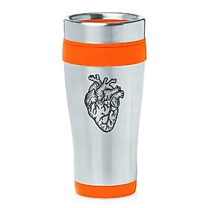 16oz Insulated Stainless Steel Travel Mug Coffee Mug Tumbler Anatomical Heart (Orange)