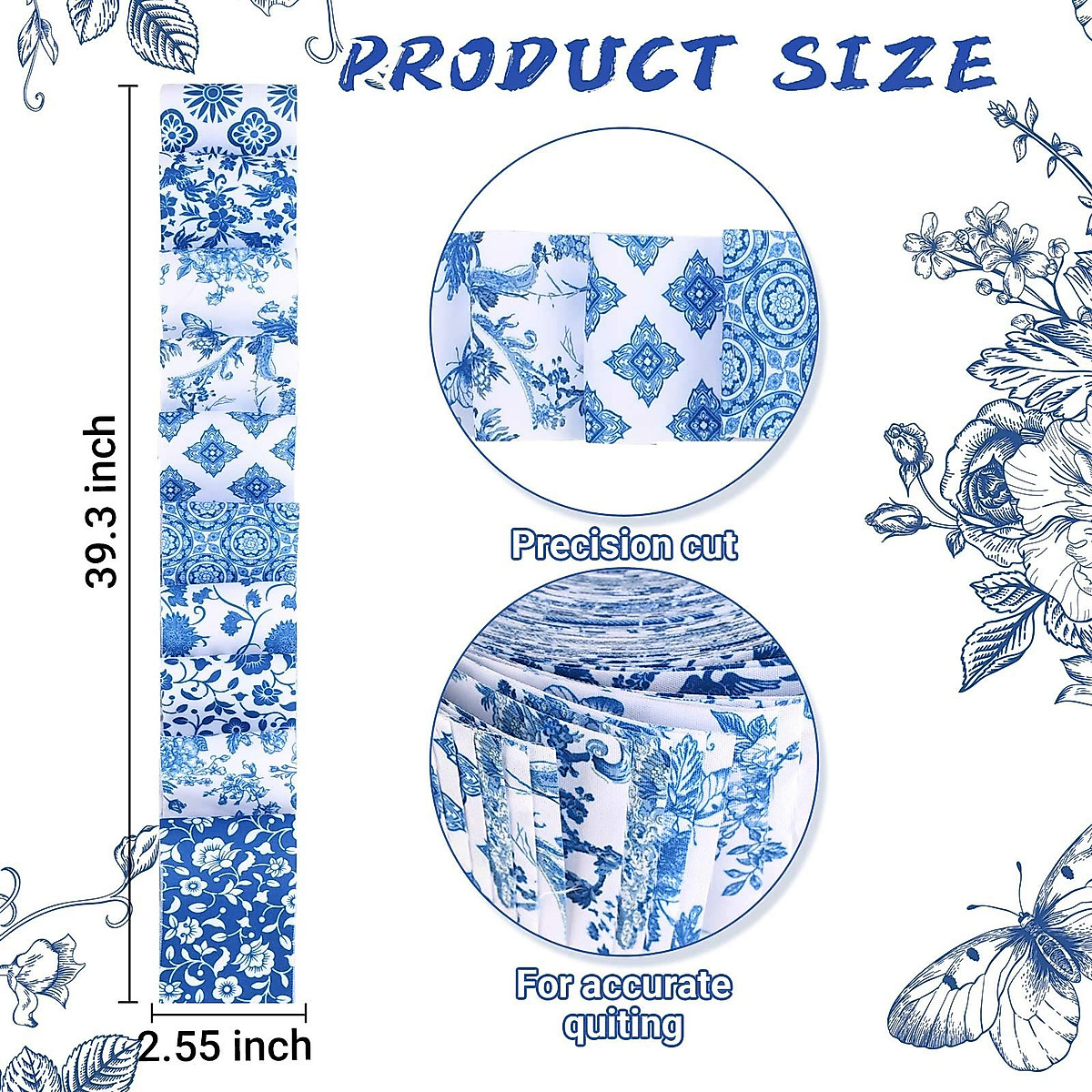 Bolsome 50Pcs Chinoiserie Jelly Polyester Fabric Roll White Blue Floral Quilting Strips Assorted Patterns Patchwork Craft Sewing Supplies for Quilters and Sewing Crafts, 39.37 × 2.55 Inch