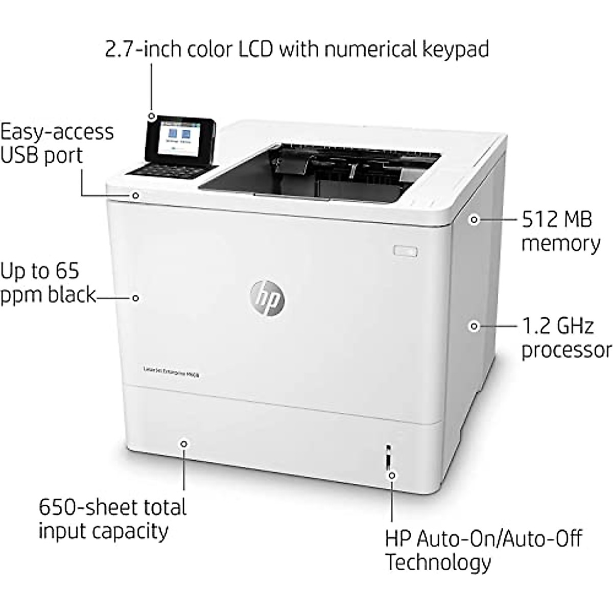 HP Laserjet Enterprise M608n Single-Function Wired Monochrome Laser Printer, White - Print only - 2.7" LCD, 65 ppm, 1200 x 1200 dpi, USB and Ethernet Connectivity, Manual Duplex Printing