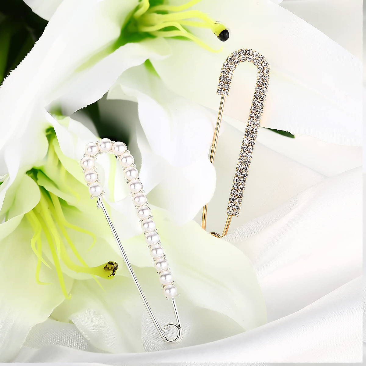 8 Pieces Women Brooch Pins Sweater Shawl Clips Faux Crystal Pearl Brooches Safety Pins Dress Shirt Clips for Women Gold Silver