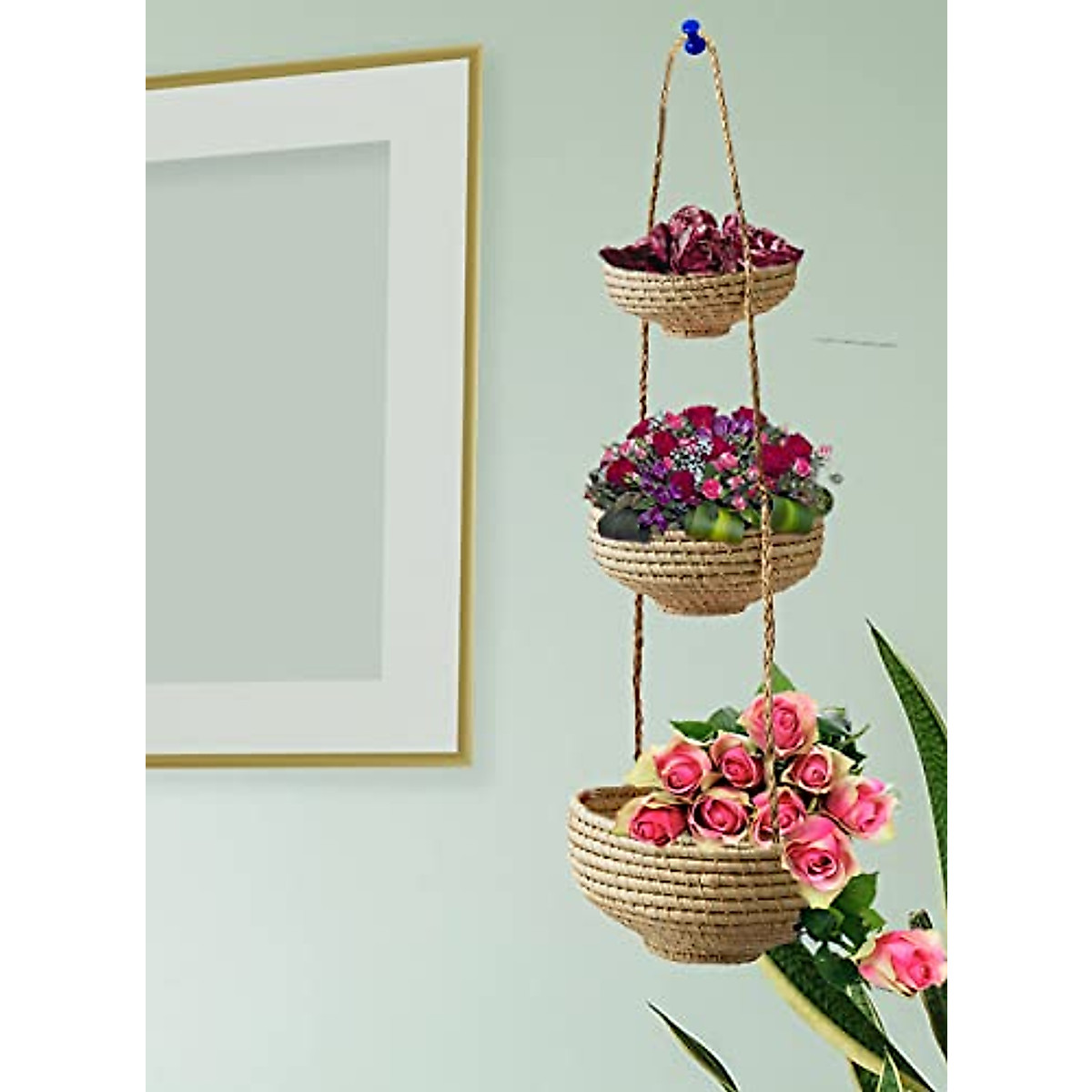 Serene Spaces Living Hanging Raffia Baskets for Your Kitchen – 3 Fair Trade Handmade Decorative Storage Baskets from Madagascar for Fruit and Vegetables