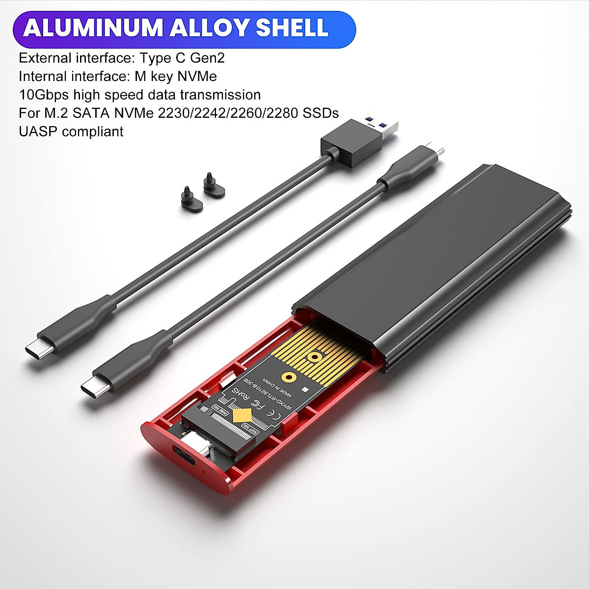 M.2 NVME SSD Enclosure, M.2 SSD Enclosure Aluminum Alloy Case High Speed Ultra Thin 2TB for 2280 SSD