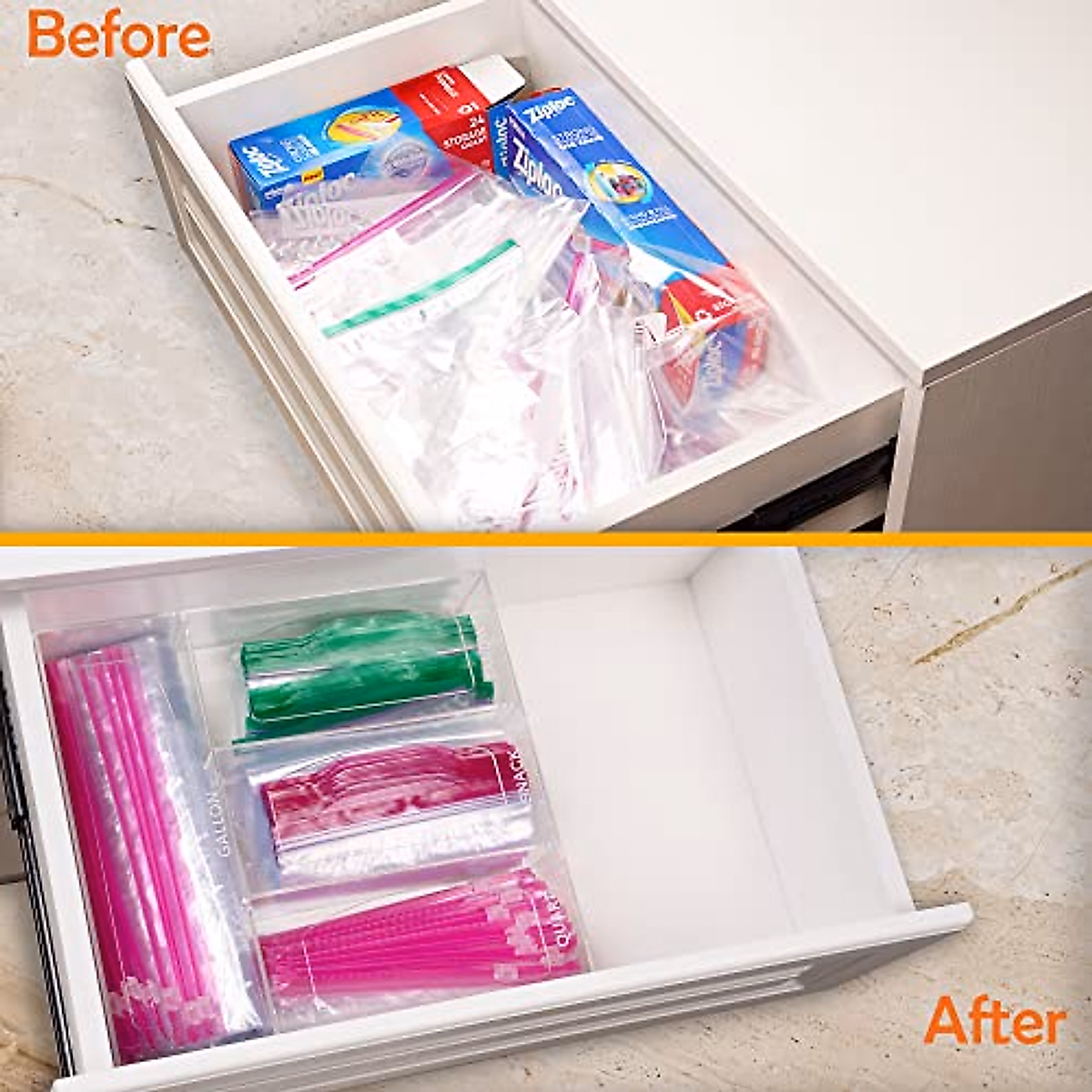 Aphbrada Acrylic Ziplock Bag Storage Organizer for Kitchen Drawer, Food Storage Bag Organizer Holders Compatible with Ziploc, Glad, Hefty, Gallon, Quart, Sandwich & Snack Variety Size Bag (Clear)