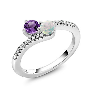 Gem Stone King 925 Sterling Silver Purple Amethyst and White Opal Bypass Ring For Women (0.74 Cttw, Gemstone February Birthstone, Round 4MM, Available In Size 5, 6, 7, 8, 9)