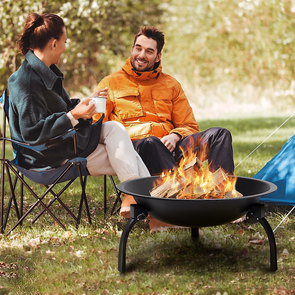 AMAGABELI GARDEN & HOME Fire Pit Outdoor Wood Burning Portable Folding 22in Firepit Firebowl Fireplace Poker Spark Screen Retardant Mesh Lid Deep Round Outside Backyard Camping Metal Grate ET286