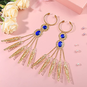 Maitys 2 Pcs Gold Bracelets Inlaid with Acrylic Women Belly Dance Gypsy Egyptian Bracelet with Finger Nails Halloween Costume (Sapphire)