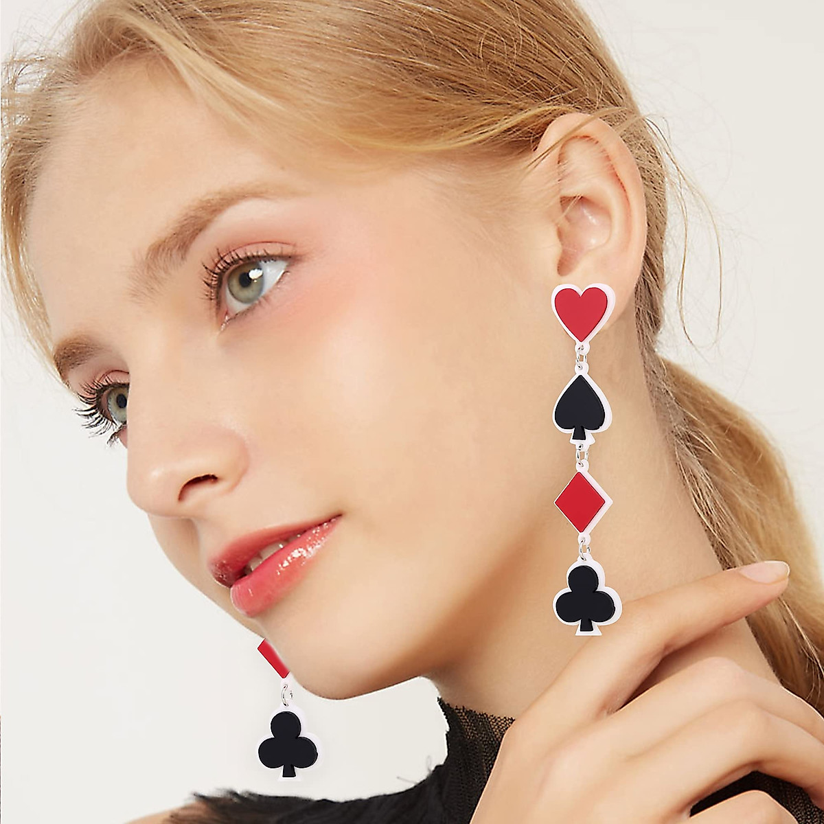 Unique Funny Playing Cards Pattern Dangle Drop Earring Personality Asymmetric Acrylic Spades Hearts Plum Poker Earrings for Women Gift Statement Nightclub Party Jewelry (Long Design)