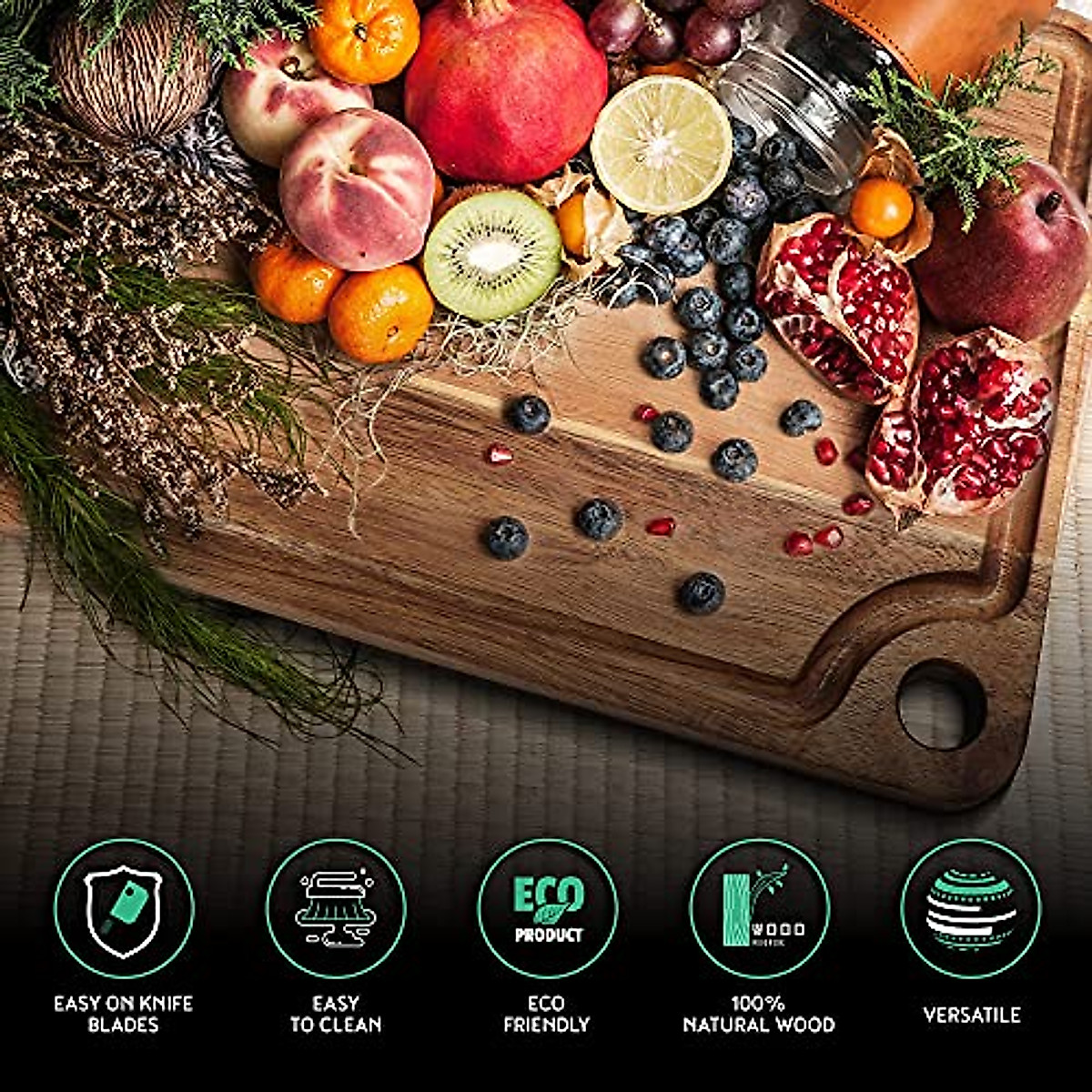 AZRHOM Large Wood Cutting Board for Kitchen 18x12 with Juice Groove Handle Non-slip Mats Hanging Hole for Meat Vegetables Cheese Chopping Board Butcher Block (Acacia)
