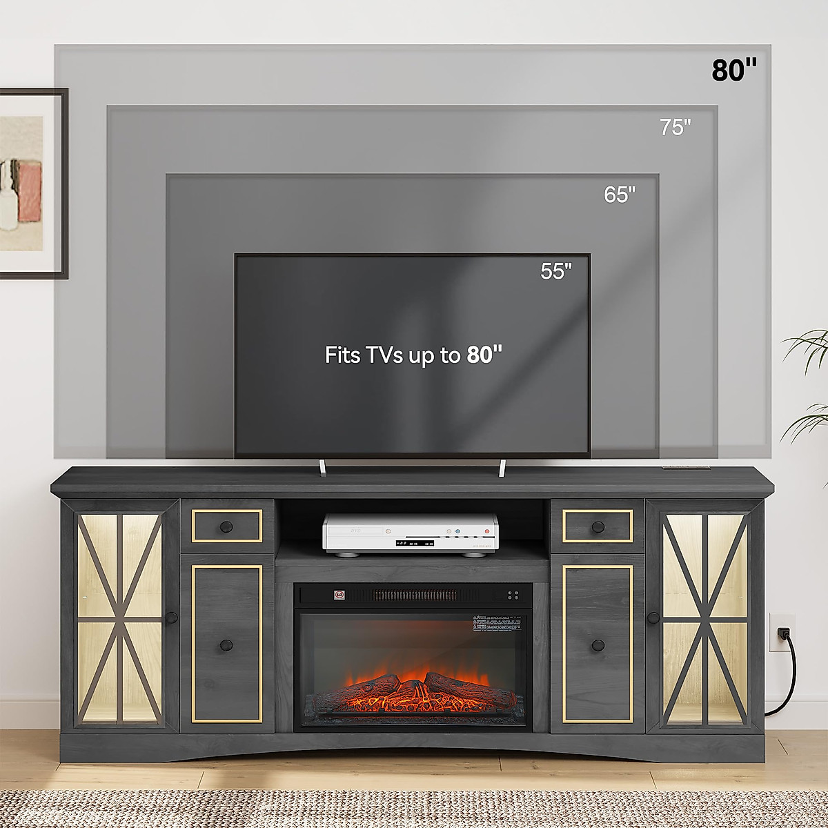 YITAHOME 70 Inch Entertainment Center with Electric Fireplace for TVs up to 80", LED Lights Fireplace TV Stand with Storage for Living Room, Farmhouse TV Stands with Storage Drawers (Dark Grey)