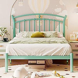 Feonase Twin Size Metal Platform Bed Frame with Retro Headboard, Hardened Steel Tube, 12" Under-Bed Storage, No Box Spring Needed, Easy Assembly, Mint Green