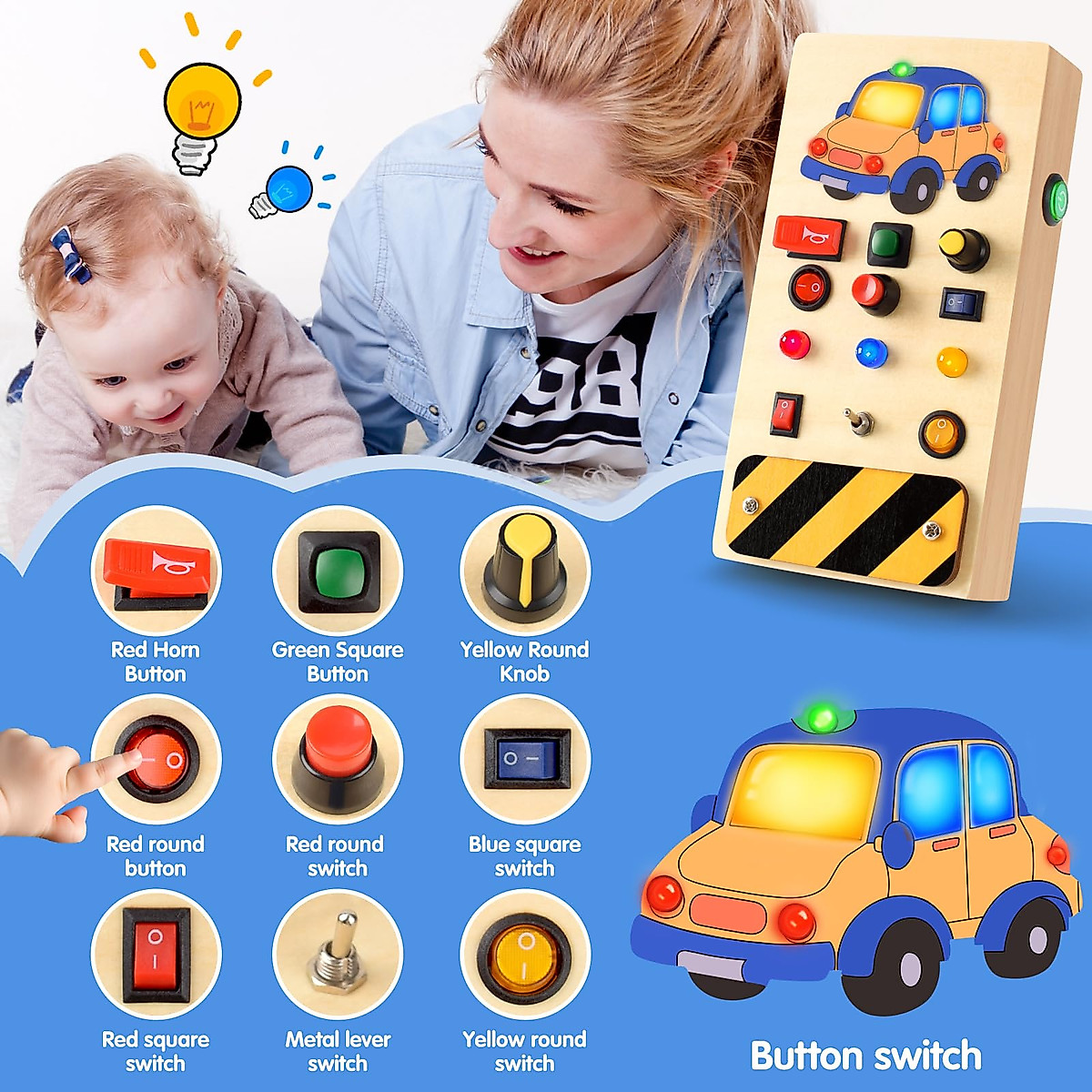 POLKRANE Busy Board with LED Light, Montessori Toys with Toggle Switch, Sensory Toys for Toddlers 1-3, Travel Toys for Educational Toddler Activities for 1 2 3 (MB-CAR)
