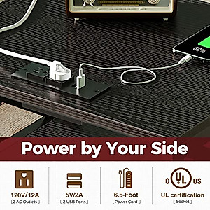 Rolanstar Nightstand with Charging Station, End Table with LED Lights & Power Outlets, Side Table with Storage Shelf, Sofa Table with Glass Shelf Mesh Door for Bedroom, Black