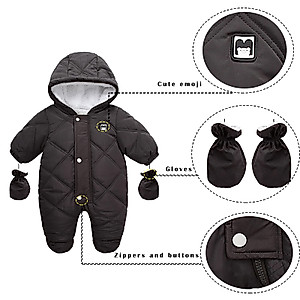 Tengoait Infant Baby Hooded Snowsuit Infant Boys Girls Warm Zipline Winter Jacket Cute One Piece Footie Outwear with Gloves Outfit Black for 12-18 Months (M1)