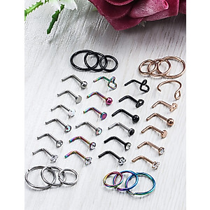 Ocptiy 22G Nose Ring for Nose Piercing Jewelry Nose Stud Women 22 Gauge Stainless Surgical Steel Thin Nose Ring Hoop L Shaped Bend Curved Nose Rings Stud Hoop Nose Piercings Jewelry for Women Men 2MM