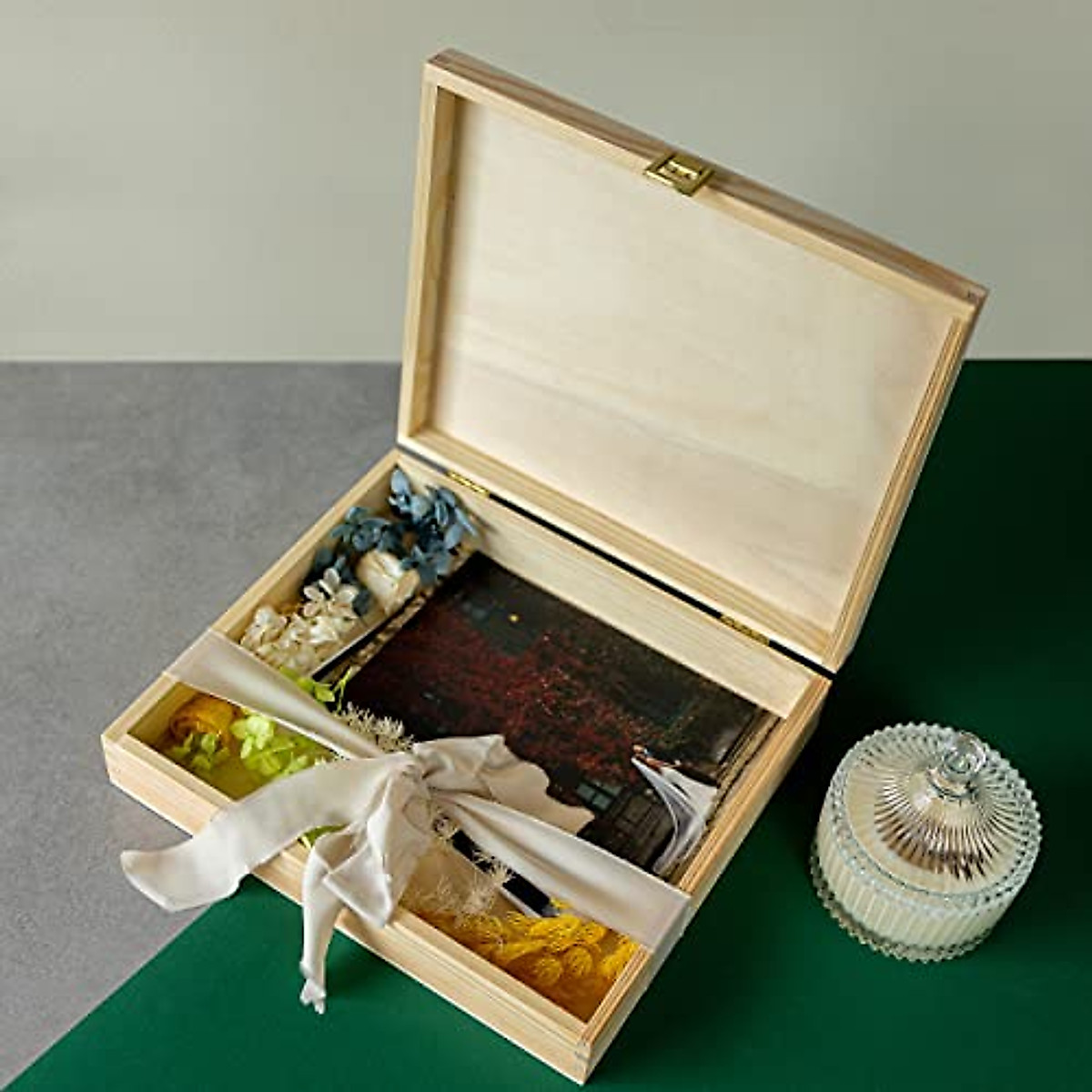 Creative Deco Wooden Storage Box Unpainted Plain | 11.41 x 9.84 x 2.55 in | Golden Latch & Lid | Perfect for Storing Valuables & Small Items in The Office or Bedroom | Keepsake Memory Trinket Chest
