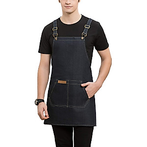Denim Cross-Back Chef Bib Apron with Pockets for Men and Women (Black)