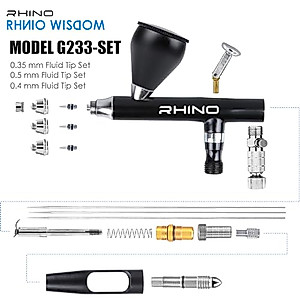 Rhinowisdom Airbrush Kit - Airbrush Gun Set Dual-Action Gravity Feed with 0.35, 0.4 & 0.5mm Needle Sets - Air Brush Set with 2 1/3 oz Replacement Cups for Nails Model Painting Cake Tattoo Makeup