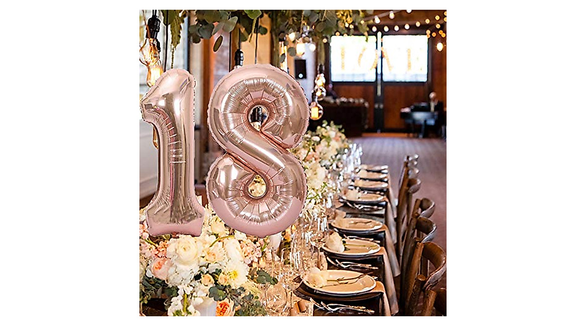 Rose Gold 18th Birthday Balloons - Large Number 18 & Confetti Decor