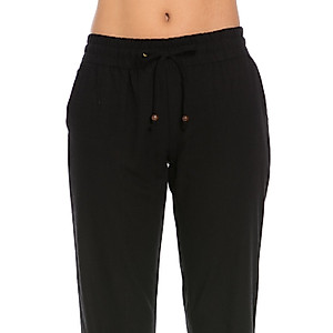 Poplooks Women's Comfy Elastic Waistband Drawstring Linen Pants (XX-Large, Black)