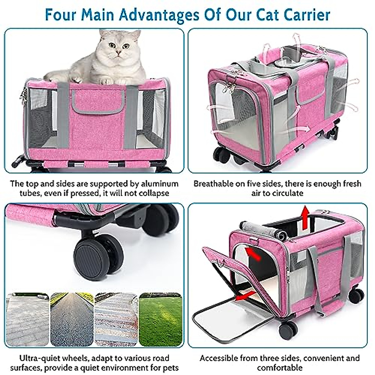 Cat Carrier, Dog Carrier Airline Approved【Fit American/TSA/Delta/United Airline】 for Small Dogs or Large Cat, Cat Bag Carrier with Wheels, Folding Pet Carrier Under Seat for Walking Travel Vet Visits