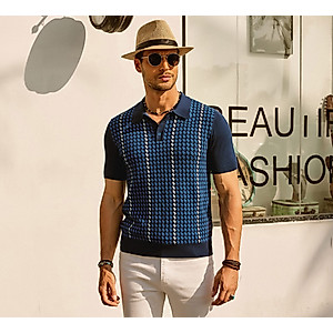 PJ PAUL JONES Men's Knitted Muscle Bowling T Shirts Stretch Short Sleeve Workout Tee Casual Slim Fit Polo Shirt Navy Blue 2XL