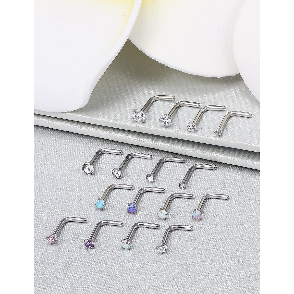 Vsnnsns 18G Opal Nose rings L Shaped Nose Studs Surgical Stainless Steel 1.5mm 2mm 2.5mm 3mm CZ Nose Rings Studs Silver Nose Rings for Women Men Girl Nose Nostrial Piercing Jewerly CZ Opal 2MM 16Pcs
