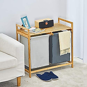 WORTHYEAH Bamboo Laundry Hamper and Shelf, Dual Compartments Laundry Basket with Removable Bag, 2 Sections Laundry Organizer and Storage, Wooden Bamboo Laundry Sorter