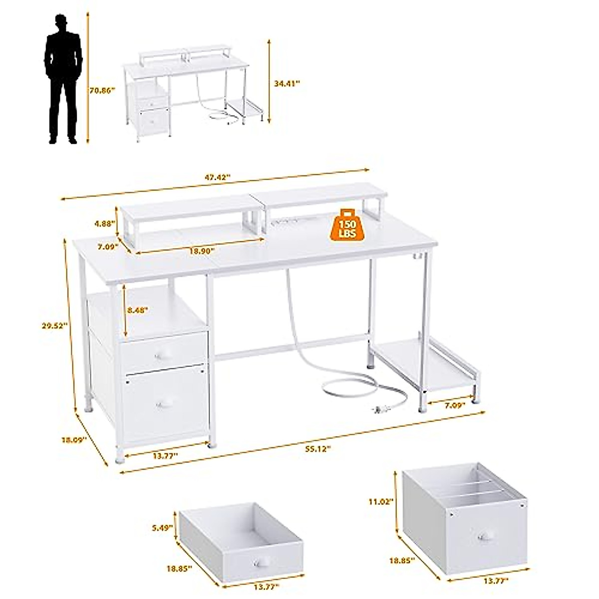 Furologee White Computer Desk with Drawer and Power Outlets, 47" Office Desk with 2 Monitor Stands and Fabric File Cabinet, Writing Gaming Table with Shelves and 2 Hooks for Home Office