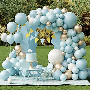 134Pcs Dusty Blue Balloons Arch Garland Kit, Dusty Baby Pastel Blue Chrome Gold Blue Sand White Confetti Balloon for Boy Baby Shower Decorations Bridal Shower Gender Reveal Birthday Party Supplies