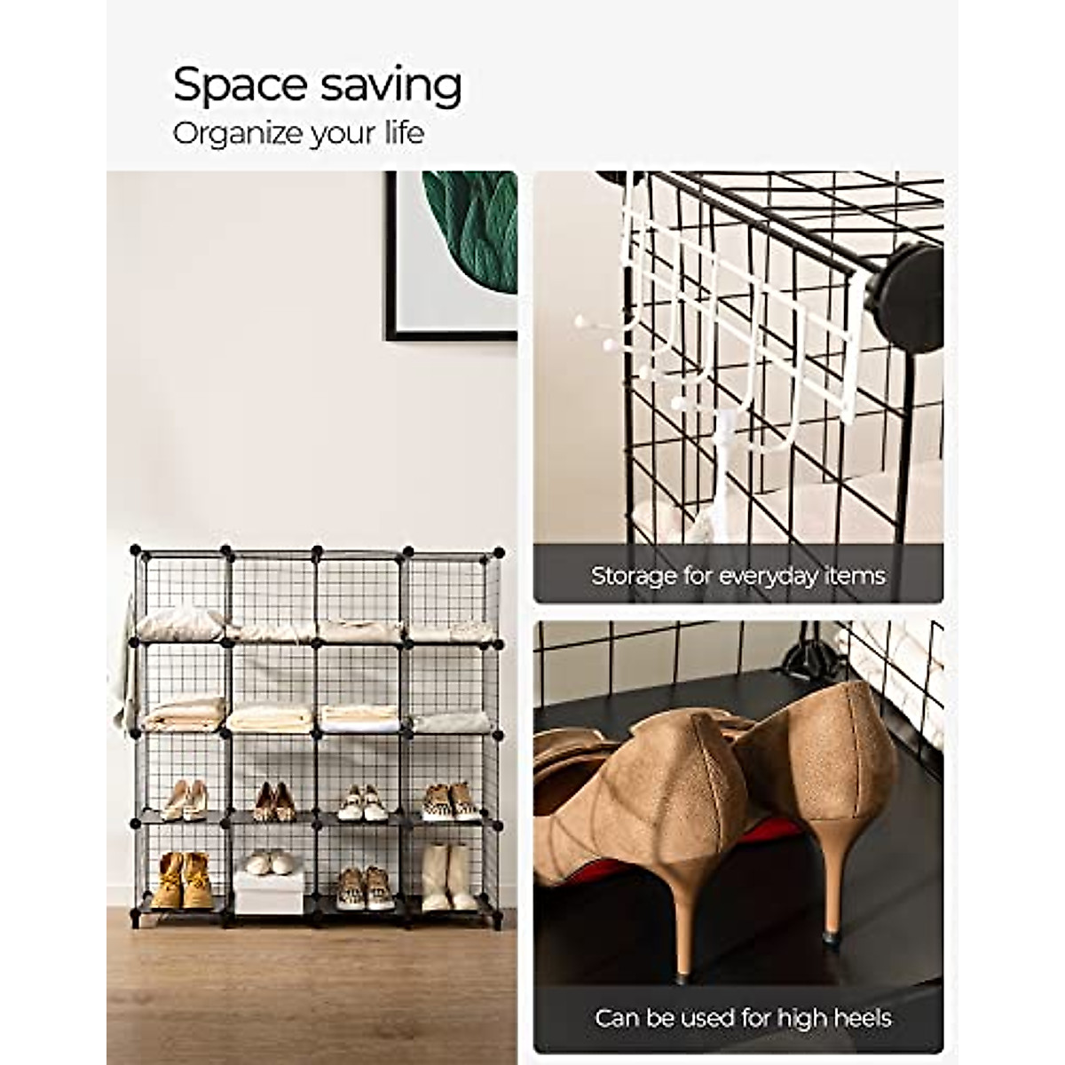 DINMO Wire Cube Storage Organizer, 16-Cube Metal Grid Storage Shelves, Modular Storage System, Closet Organizer, Ideal for Home, Office, Living Room, Stackable, 12" x 12", Black