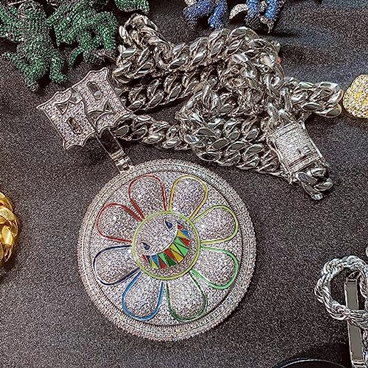 ICEDIAMOND 14K Full CZ Diamond Spin-Up Daisy Painted Rotating Pendant Crazy Chain Necklace, Gold Plated Iced Out Bling Zirconia Hip Hop Charm Jewelry for Men Women (White-Large)