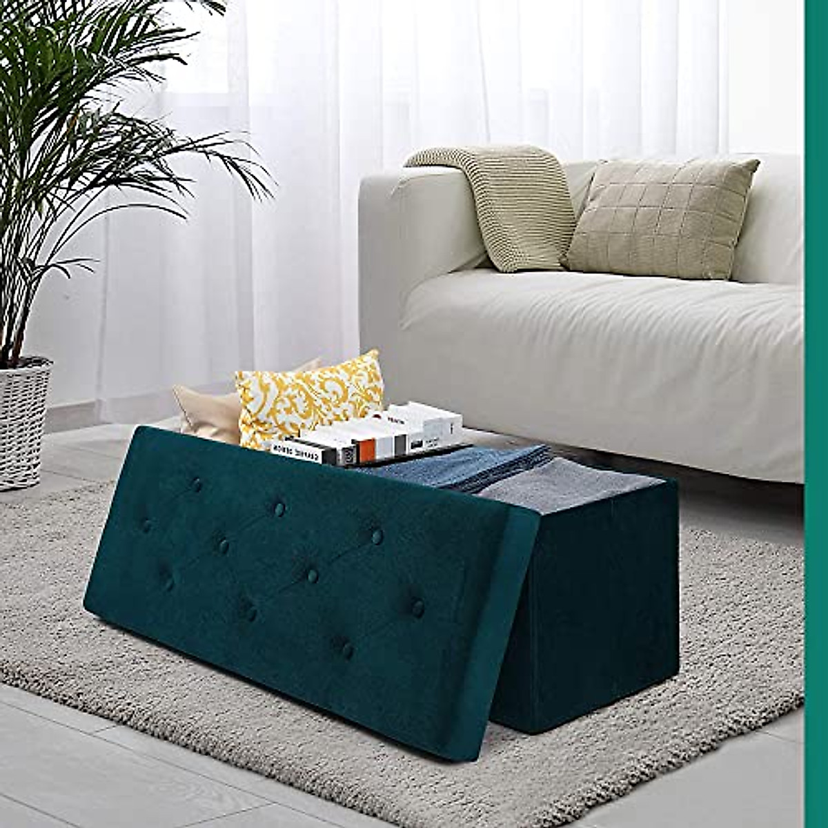 YITAHOME 43 Inches Folding 120L Storage Ottoman Bench, Velvet Footrest with 35mm high Elasticity Sponge seat and Metal Frame for Sturdiness- Holds Upto 680 Lbs (Dark Teal)