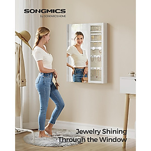 SONGMICS LED Jewelry Cabinet, Mirror with Jewelry Storage, Glass Window, Wall Door-Mounted, 3.9 x 23.6 x 31.5 Inches, Interior Mirror, 3-in-1, Bedroom, Dressing Room, Gift, White and Greige UJJC028W01