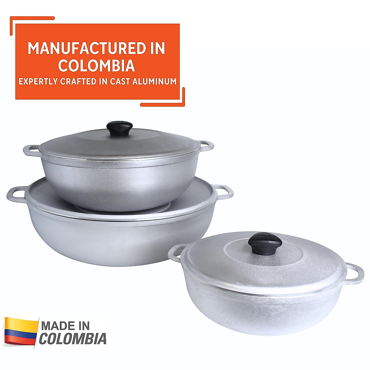 IMUSA USA Traditional Colombian Natural Caldero Matching Aluminum Lid 3-Piece (3.5/7.0/11.0 Quart) Dutch Oven Set, Silver (GAU-89224DS), Large