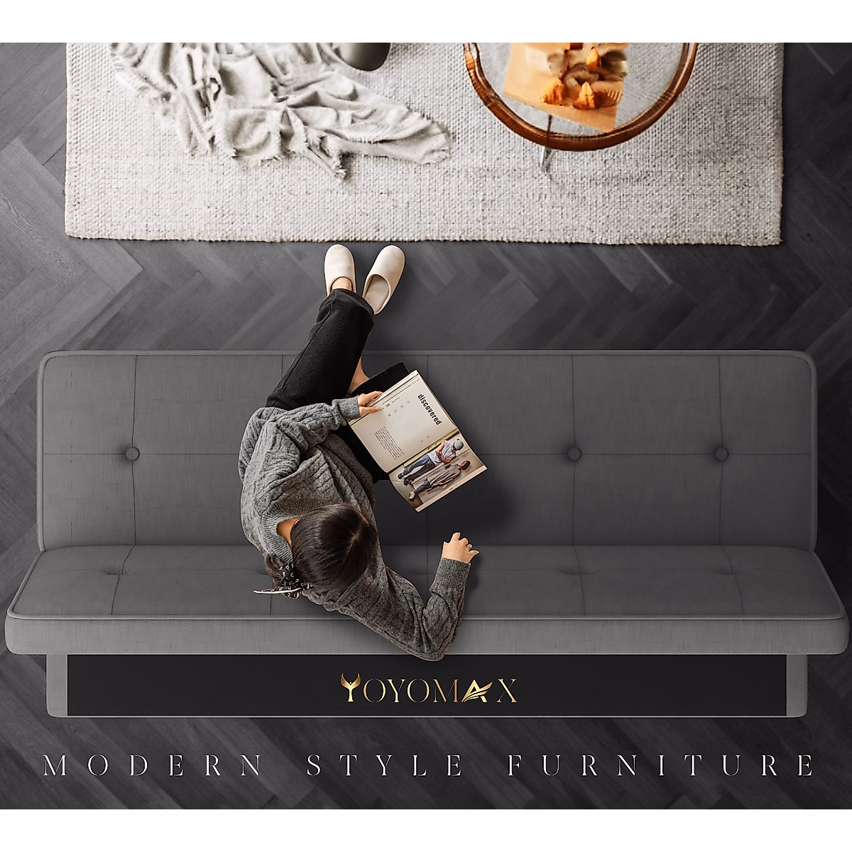 yoyomax Futon Sofa Bed, Adjustable Modern Convertible Sofa Bed Couch - Breathable Fabric Folding Sofa Bed Easy to Clean-Ideal for Bedroom, Living Room and Office-Compact Design for Spacing Saving-Grey