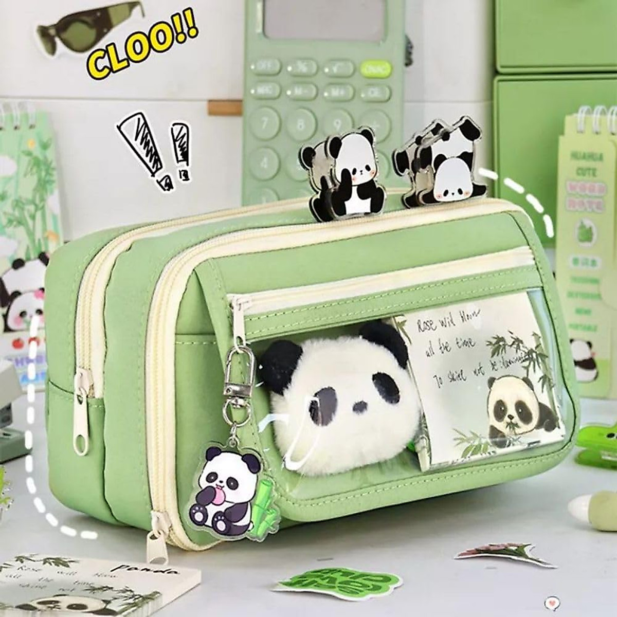 Cute Panda Pencil Case, Aesthetic Panda Bag Organizer with Compartment, Large Capacity Cute Pencil Case with Stickers Brooch Keychain, Pencil Pouch Stationery with Zipper (Green)