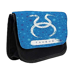 Lunarable Taurus Pencil Case, Astrological Horoscope Sign, Fabric Pen Pencil Bag with Double Zipper, 8.5" x 5.5", Violet Blue White