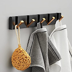 Spotact Wall Mounted Coat Rack Black Gold Metal 70 Degree Towel Hanger Hanging Clothes with 5 Hooks for Entryway Bathroom Bedroom Kitchen (T1 5 Hooks, Black Gold)
