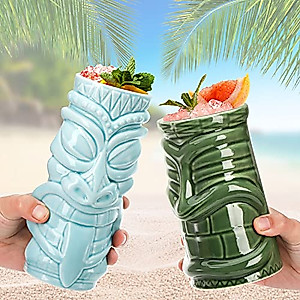 Peohud 4 Pack Ceramic Tiki Mugs, Hawaiian Party Mugs, 20/18/16 Oz Exotic Cocktail Glasses, Tiki Drinking Tumbler Cups for Mai Tai, Pina Colada, Tiki Bar Professional Barware