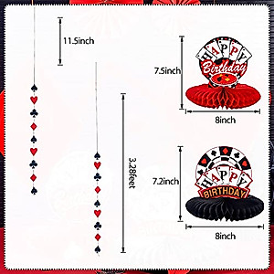11 Pieces Casino Birthday Party Decorations Set, Includes Poker Happy Birthday Banner, 6 Casino Honeycomb, 4 Poker Card Hanging Swirls for Casino Poker Theme Birthday Party Supplies